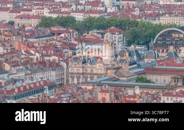 Aerial timelapse of Hotel de Ville de Lyon day to night transition, the ...