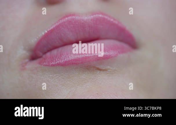 Close-up shot of natural pink lips with smooth texture, showing skin ...