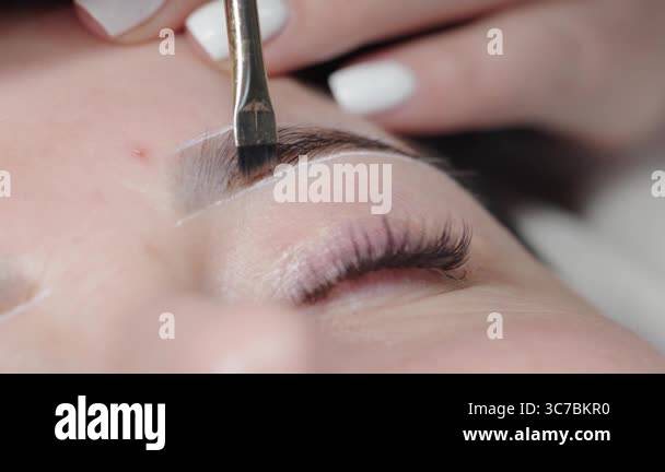 Close-up of a beautician applying tint to a clients eyebrow using a ...