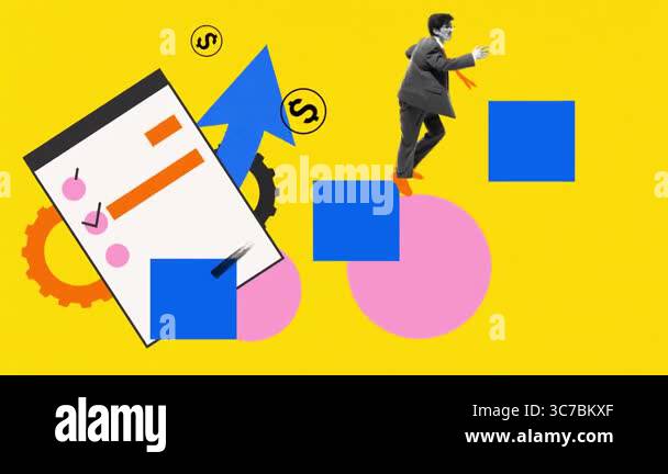 Businessman stepping on checkmarks, finishing tasks, walking towards ...