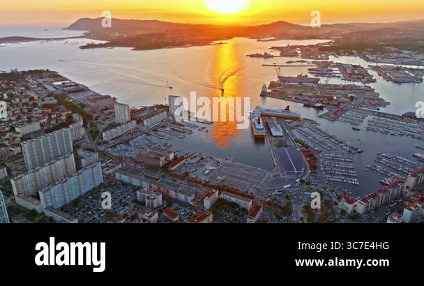 Aerial view of port city on the mediterranean coast of southern France ...