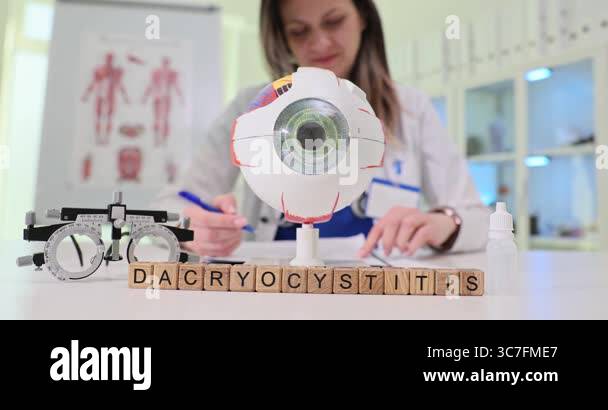 Woman specialist examines model of eye explaining Dacryocystitis on ...