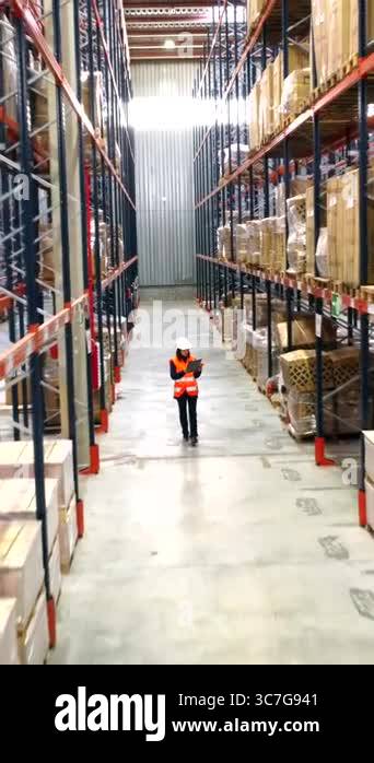Warehouse worker navigating aisles, checking inventory, and overseeing ...