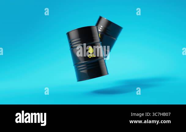 Two black metal oil barrels float on blue background. Front view. Oil ...