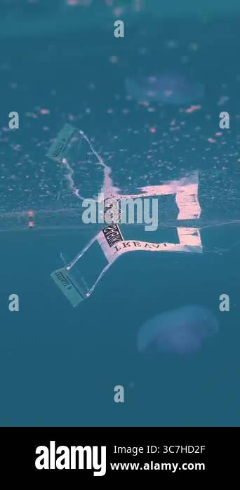 Floating plastic rubbish, Garbage, bags and disposable cups on surface ...