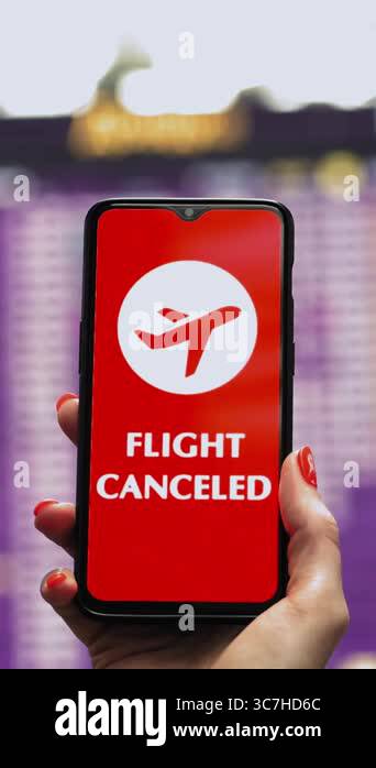 Closeup of hand holding smartphone with airplane icon, FLIGHT CANCELED ...