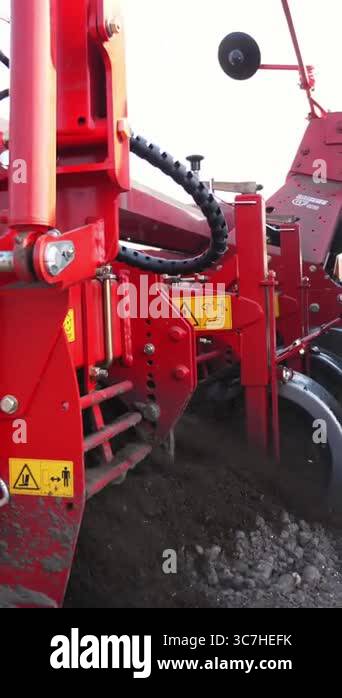 close-up, process of mechanized machine potatoe planting. large tractor ...