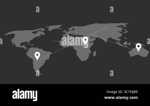 Animated map featuring interconnected location pins on global maps ...