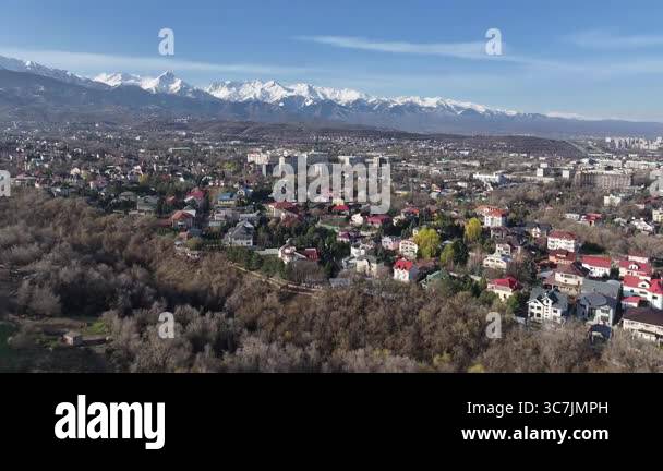 A view from a quadcopter of the foothills of the Kazakh city of Almaty ...