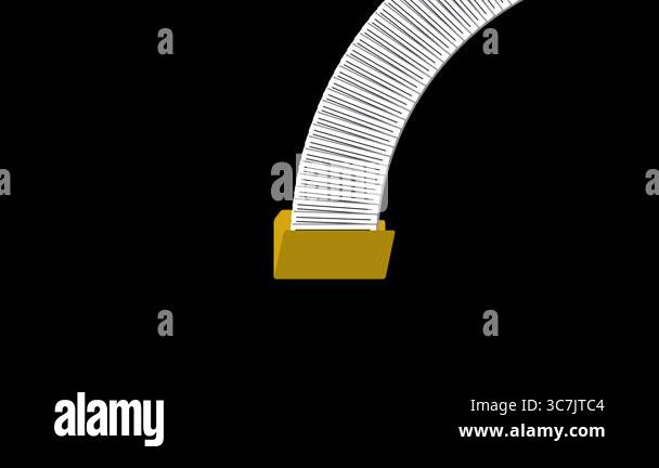 Animated yellow folder with a stream of flying documents on black ...