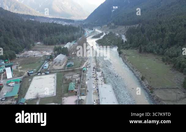 Beautiful aerial view of pahalgam valley with lidder river flowing ...