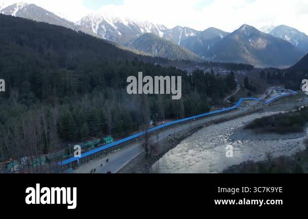 Beautiful aerial view of pahalgam valley with lidder river flowing ...