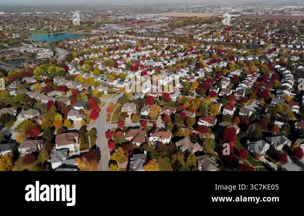 Drone view of suburban street surrounded by vibrant red and yellow ...