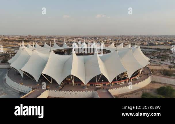 An aerial view of the sunrise of the Riyadh Stadium. A serene aerial ...