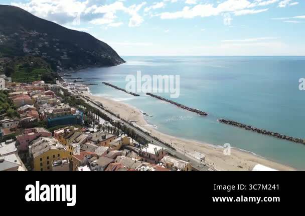 Europe, Italy , Liguria drone aerial view of Moneglia little sea ...