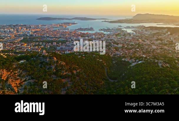 Aerial view of port city on the mediterranean coast of southern France ...