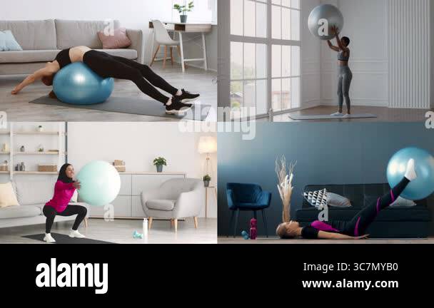Four individuals practice different exercises using exercise balls in a ...