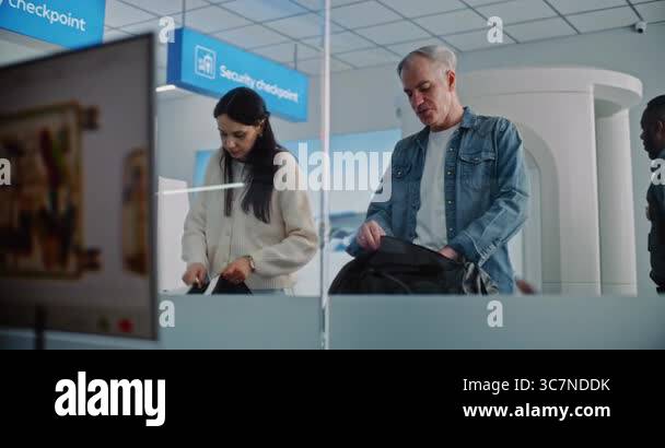 Airport Security Checkpoint: Diverse Passengers with Luggage During ...