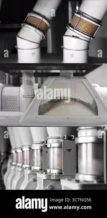 Multi Screen Collage of automated grinding of wheat into flour. Modern ...