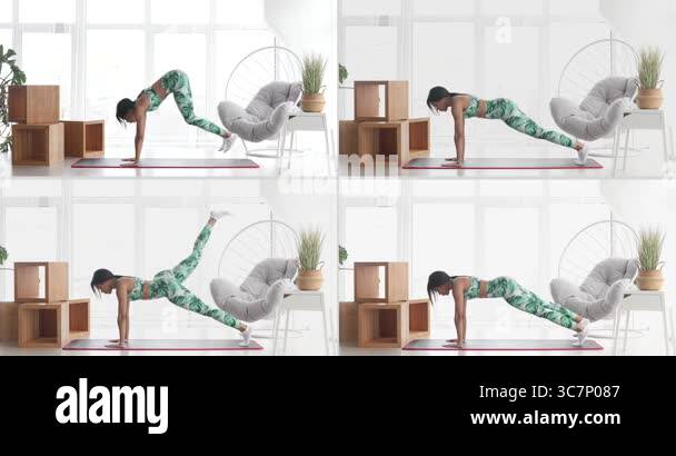 Collage set. Sporty young woman exercising at home. Home fitness ...