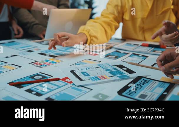A vibrant scene of creative teamwork showing designers engaged in the ...