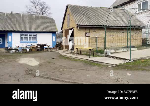Traditional Ukrainian dwelling featuring weathered blue white walls ...