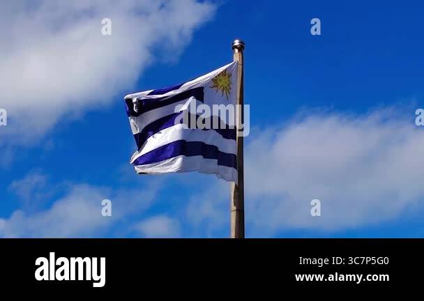 Low-angle, slow-motion video of the uruguay flag gracefully waving ...