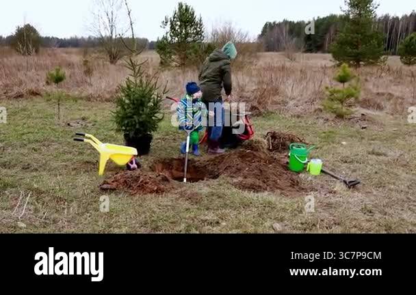 Families enjoy an outdoor activity on a cool day, planting trees in the ...