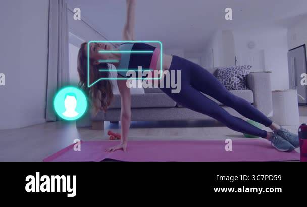 Woman doing side plank with digital chat icon animation overlay at home ...