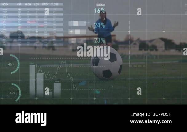 Kicking soccer ball, athlete with animation of data analytics and world ...