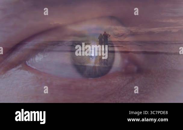 Animation of sunset reflecting in eye as couple standing on beach ...
