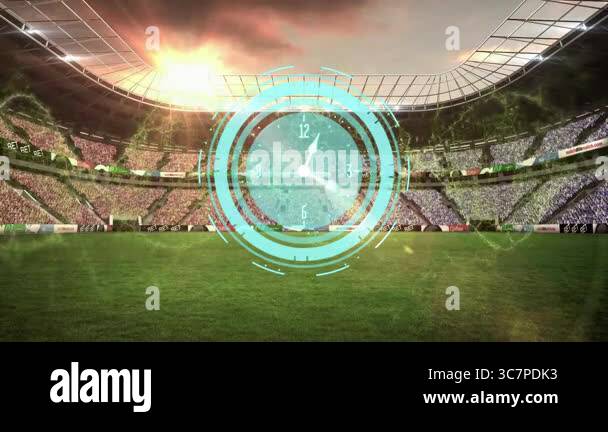 Digital clock animation over soccer stadium with sun setting in background. Sunset, sports, time ...