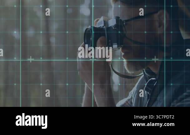Using camera in forest, person capturing animation with digital grid ...