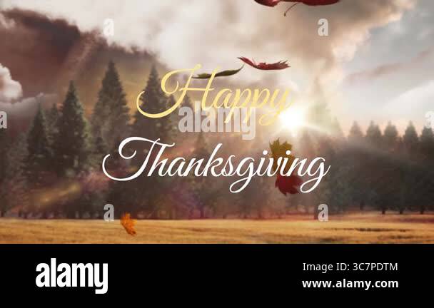 Happy Thanksgiving text with falling autumn leaves over scenic forest ...