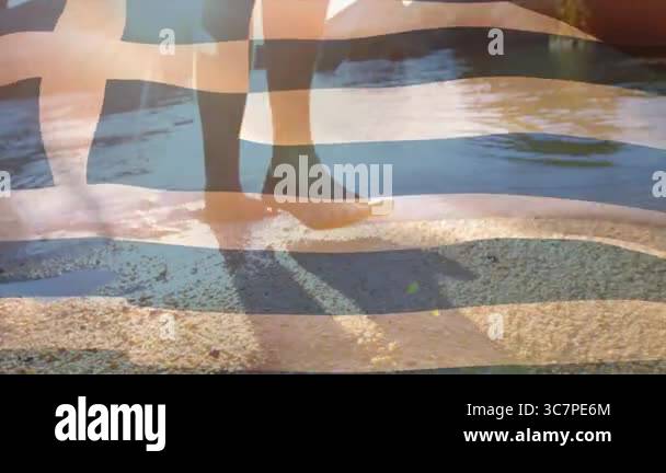 Walking through water, feet with Greek flag overlay in animation ...
