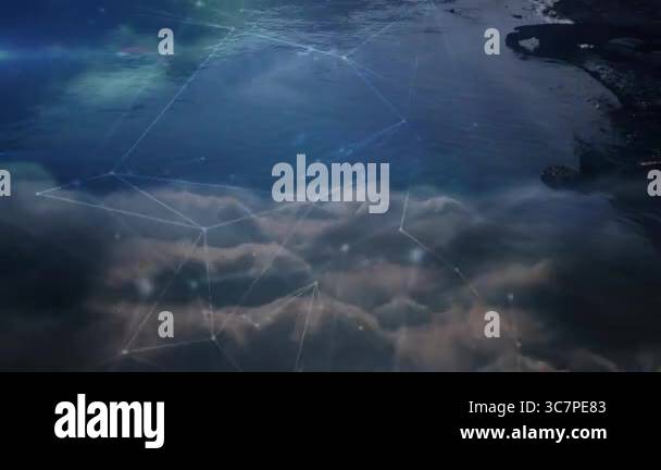Network of connections and data processing animation over serene ocean ...