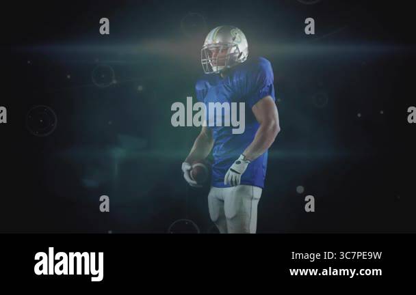 In animation, American football player holding ball wearing blue ...