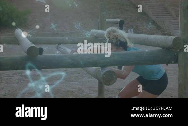 Woman navigating obstacle course with digital animation overlay of ...