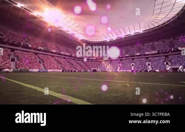 Cheering crowd in stadium under bright lights with colorful animation ...