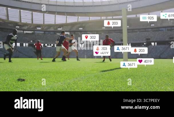 Tackling on field, rugby players with animation of social media icons ...