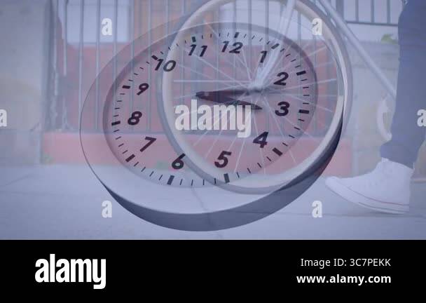 Clock face animation over person walking with bicycle and wearing ...