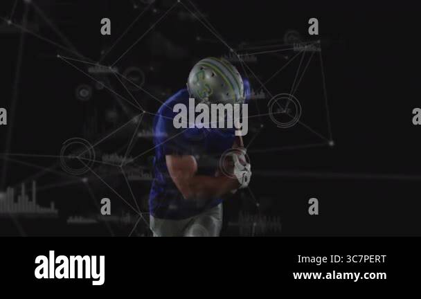 Animation of American football player in blue uniform with data network ...