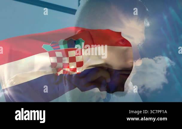 Talking on phone, man with Croatian flag animation in bright sunlight ...