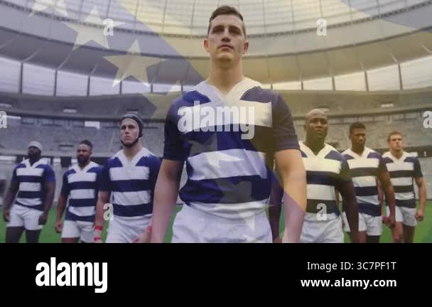 Standing in stadium, rugby players in blue and white uniforms with flag ...