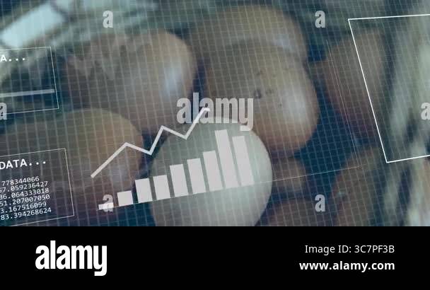 Graph and binary code animation over eggs in grid pattern. Technology ...