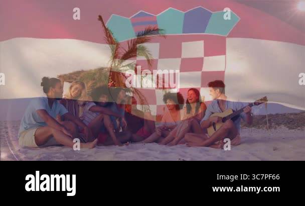 Sitting on beach, group of friends with Croatian flag animation overlay ...