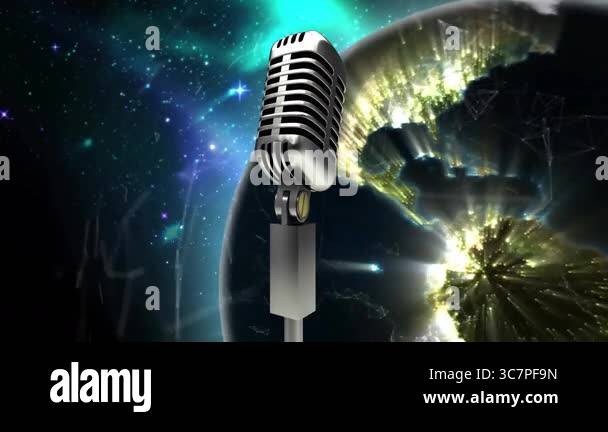 Floating retro microphone in space, animation with glowing planet and ...