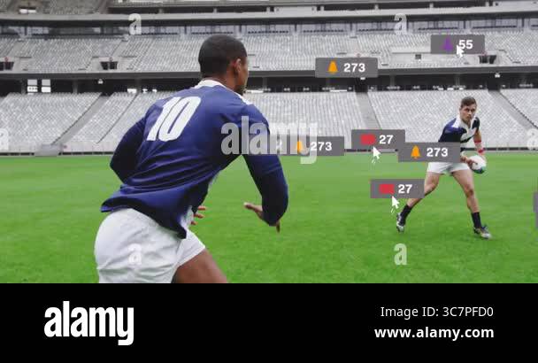 On field, rugby players with animation of social media interaction ...