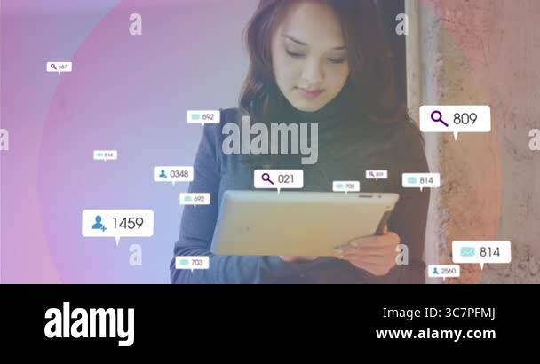 Using tablet, woman surrounded by animation of social media icons in ...