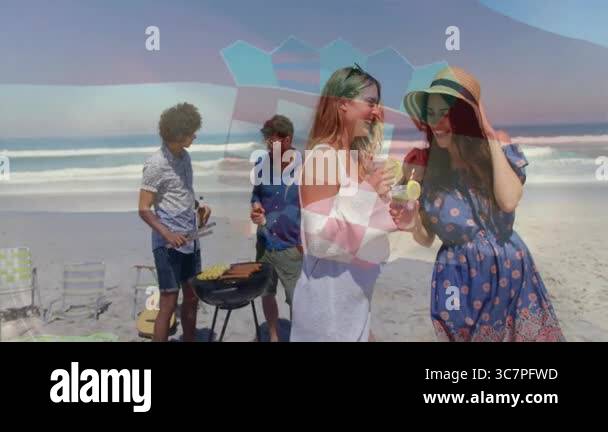 Young friends enjoying beach barbecue with colorful geometric animation ...